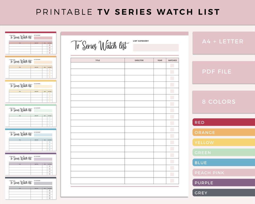 TV Series Watchlist Printable, Television Show Watch List, TV Shows to ...