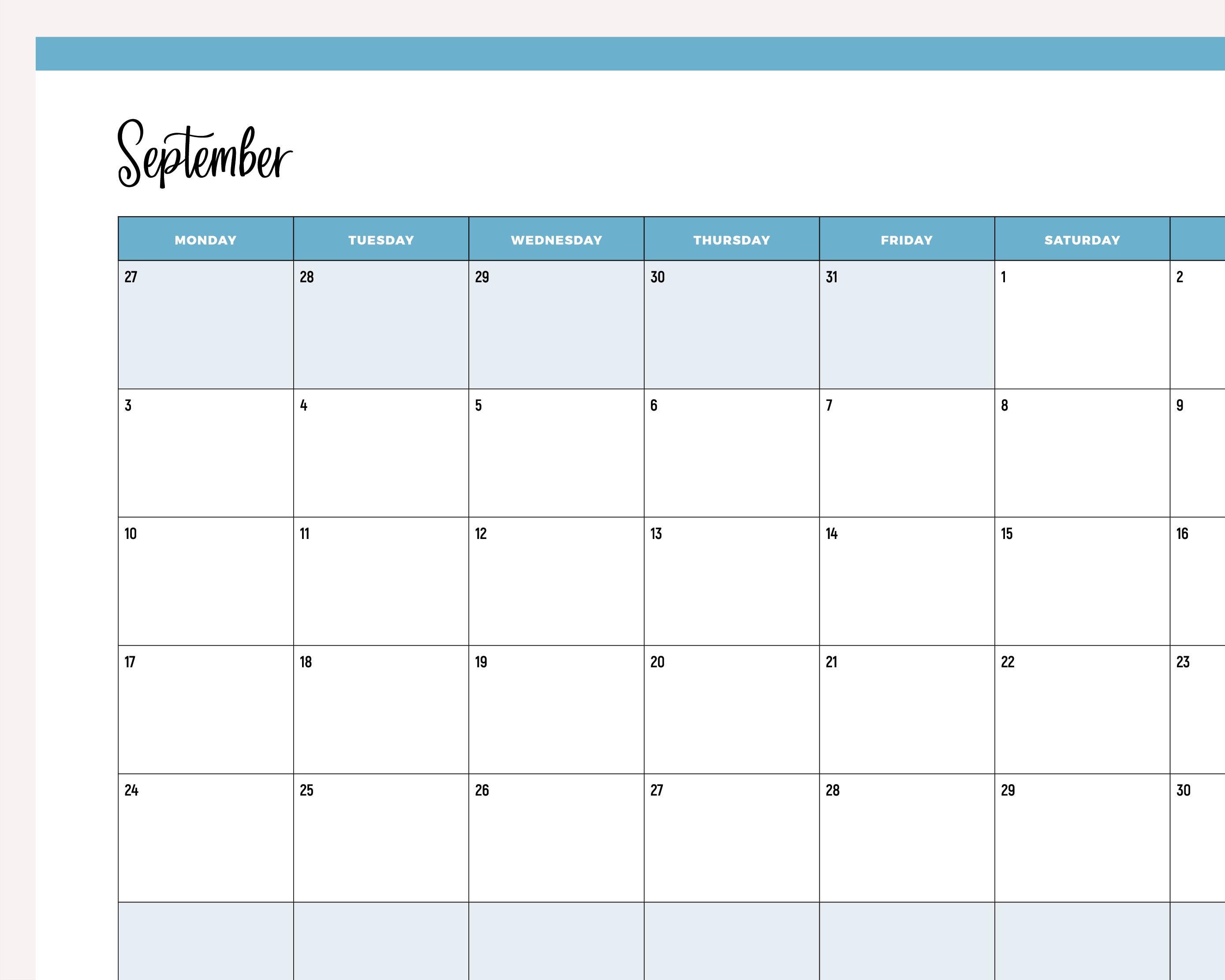 2029 Calendar Printable Landscape, Horizontal Wall Calendar, Yearly ...