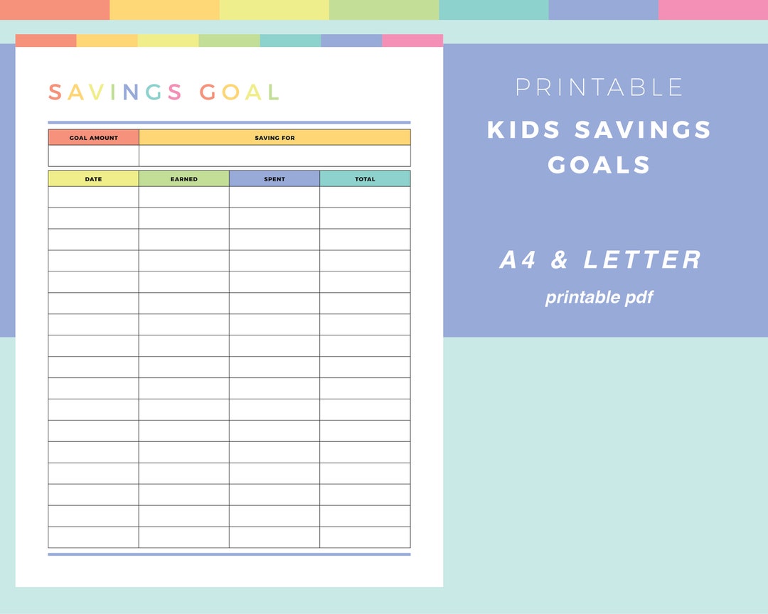 Printable Money Savings Goals for Kids, Childrens Financial Planner, Teach Kids Finance, Money ...