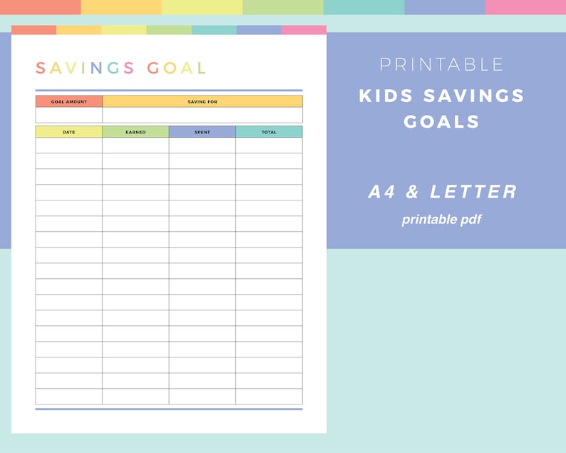 Printable Money Savings Goals for Kids, Childrens Financial Planner ...