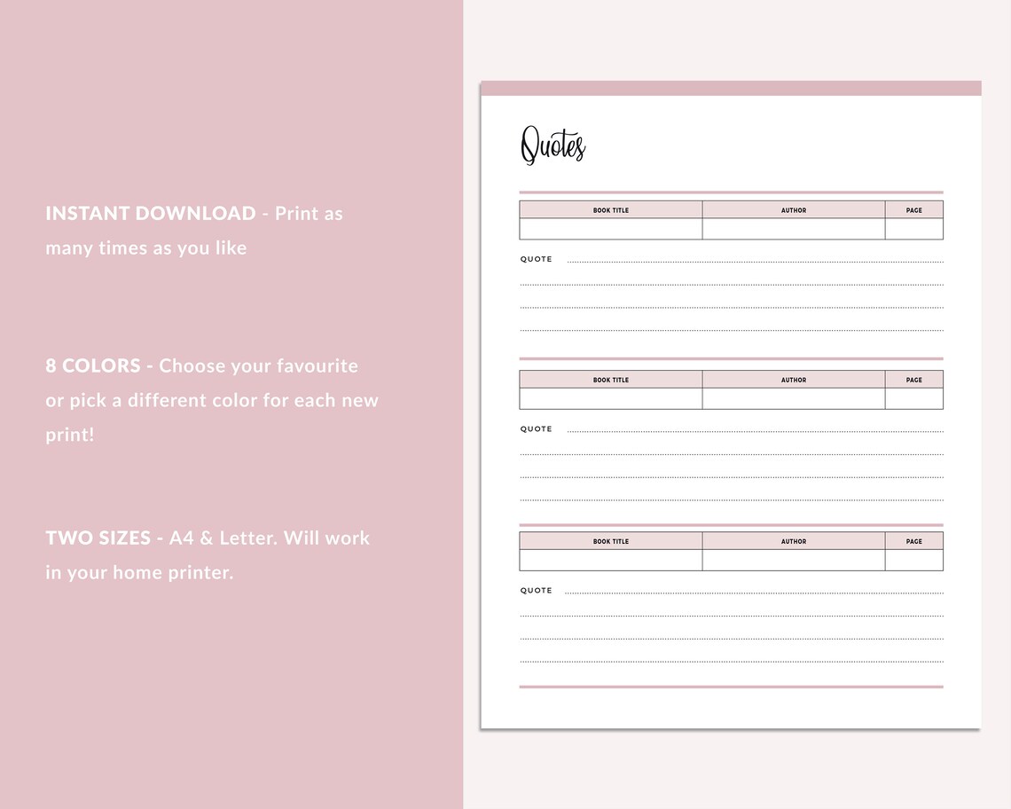 Printable Book Quote Sheet Book Quote Planner Quote Tracker - Etsy