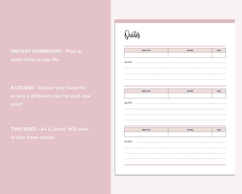 Printable Book Quote Sheet, Book Quote Planner, Quote Tracker, Book ...