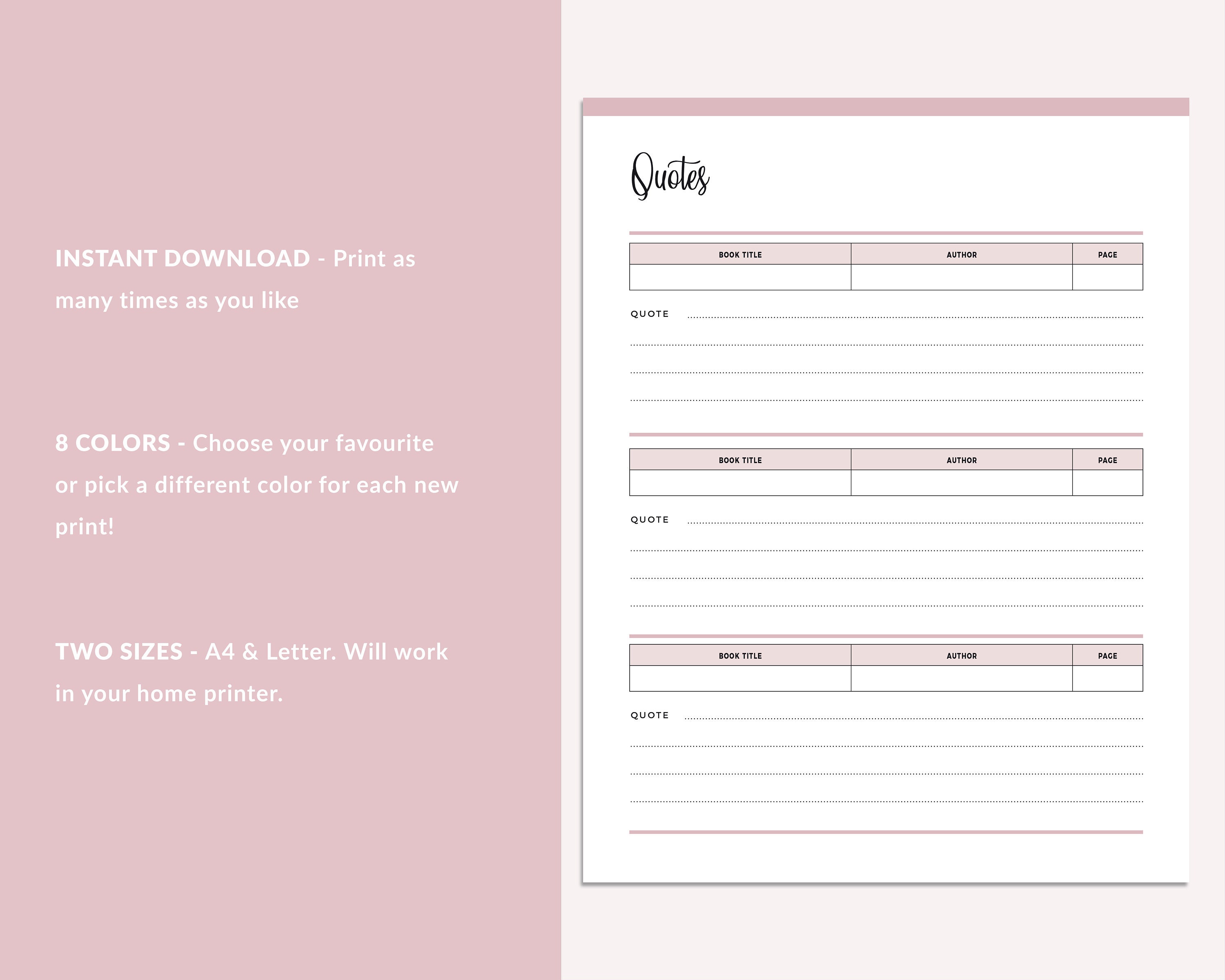 Printable Book Quote Sheet, Book Quote Planner, Quote Tracker, Book ...