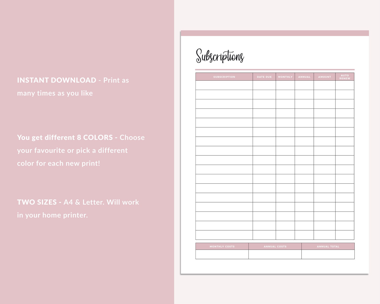 Printable Subscription Tracker, Membership Tracking, Monthly ...