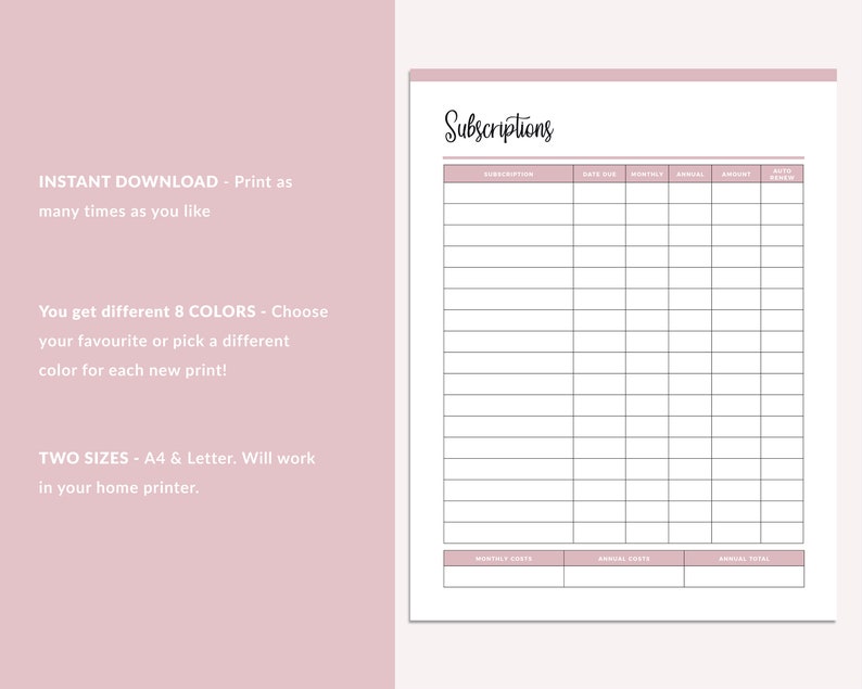 Printable Subscription Tracker, Membership Tracking, Monthly ...