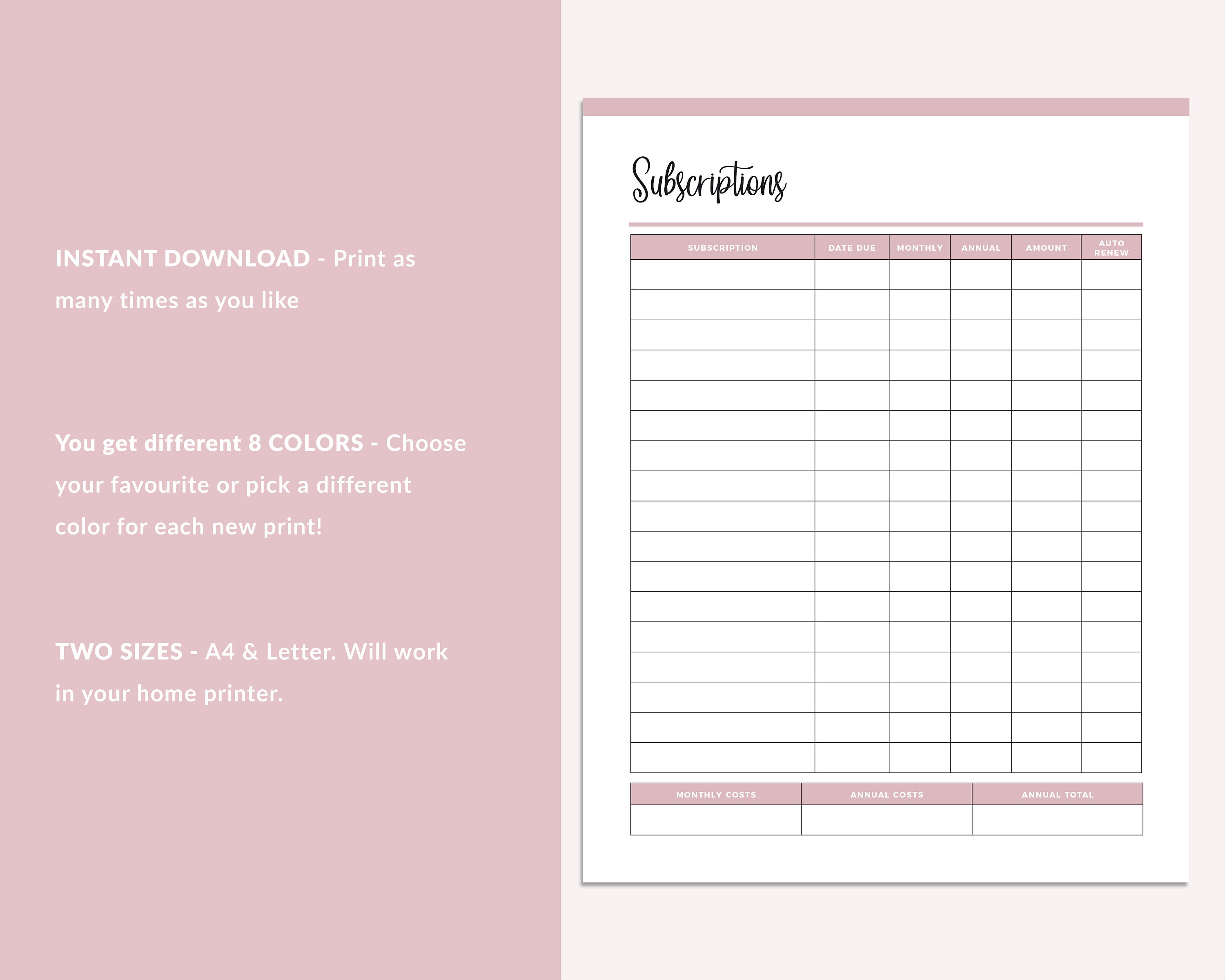 Printable Subscription Tracker, Membership Tracking, Monthly ...
