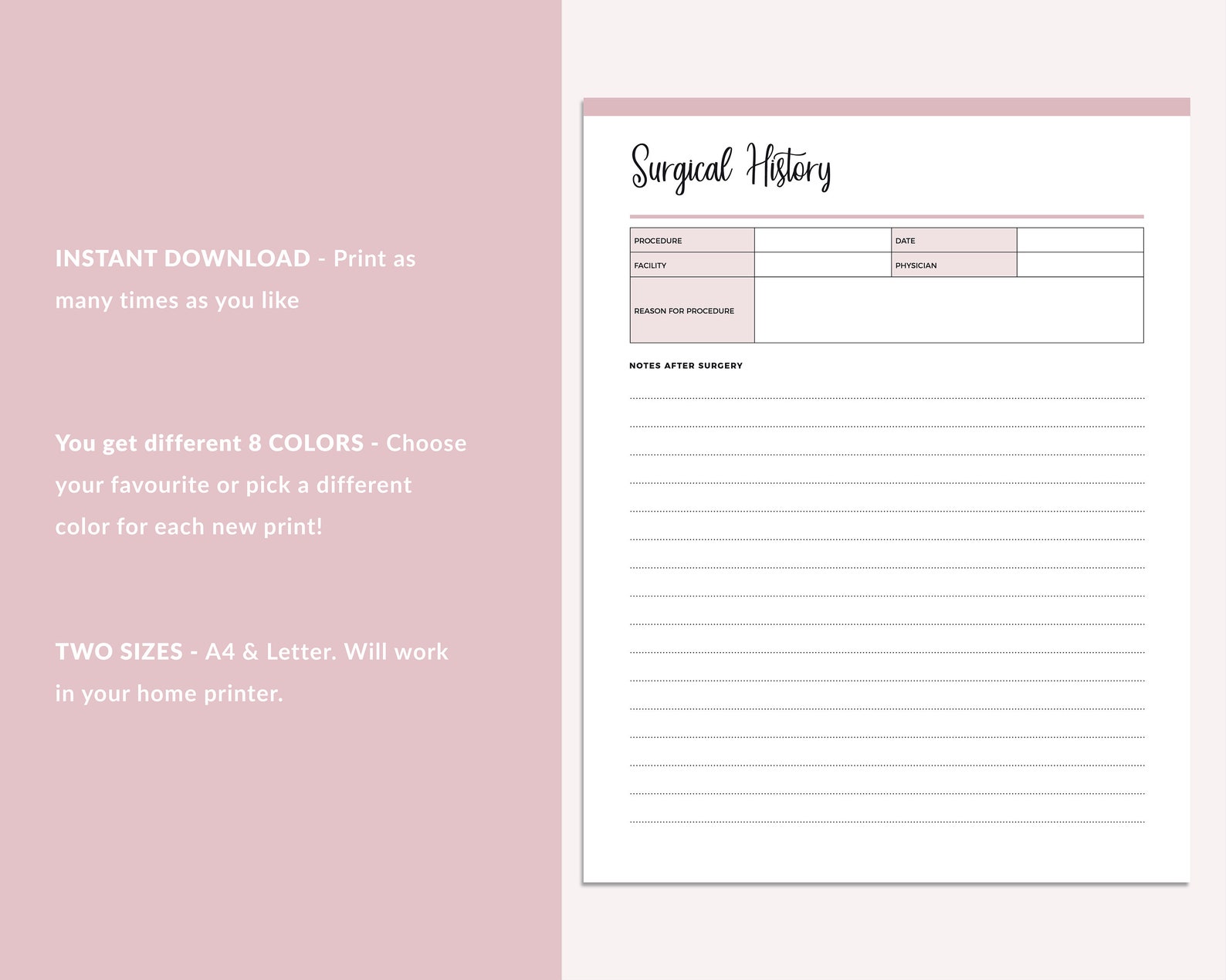 Printable Surgical History Tracker, Health History, Surgery Chart ...