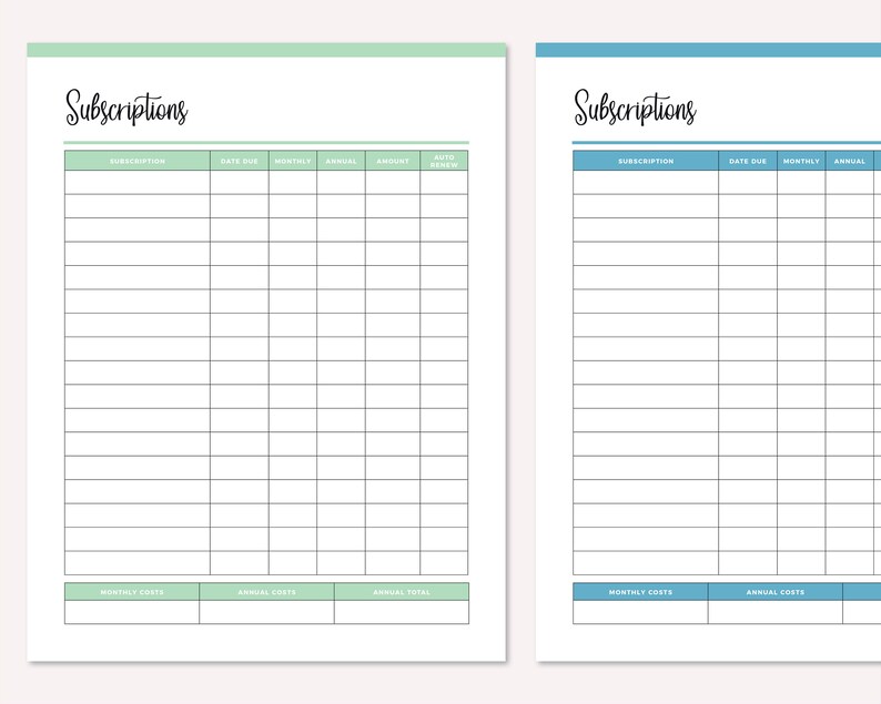 Printable Subscription Tracker, Membership Tracking, Monthly ...