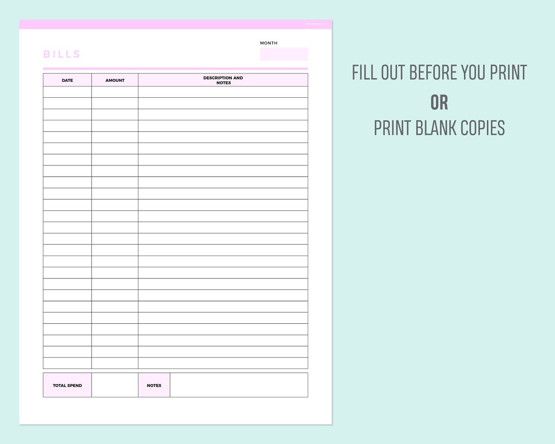 Editable Bill Tracker Printable Bills Tracker Monthly Bill - Etsy Australia
