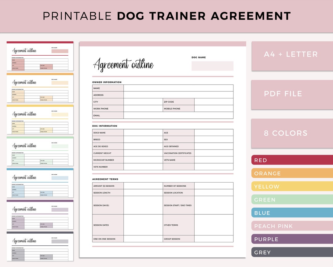 Printable Dog Trainer Agreement Outline | Dog Training Contract ...