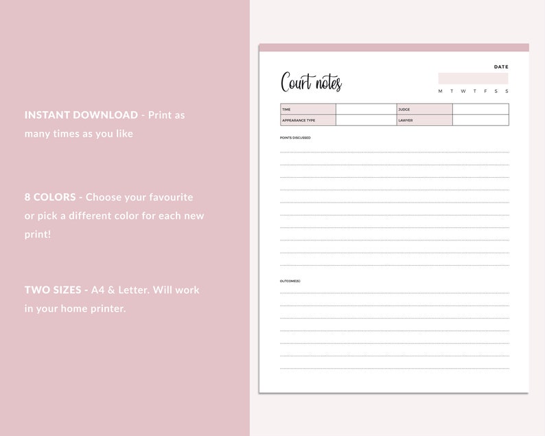 Printable Court Notes Court Battle Record Notes Keep Track | Etsy