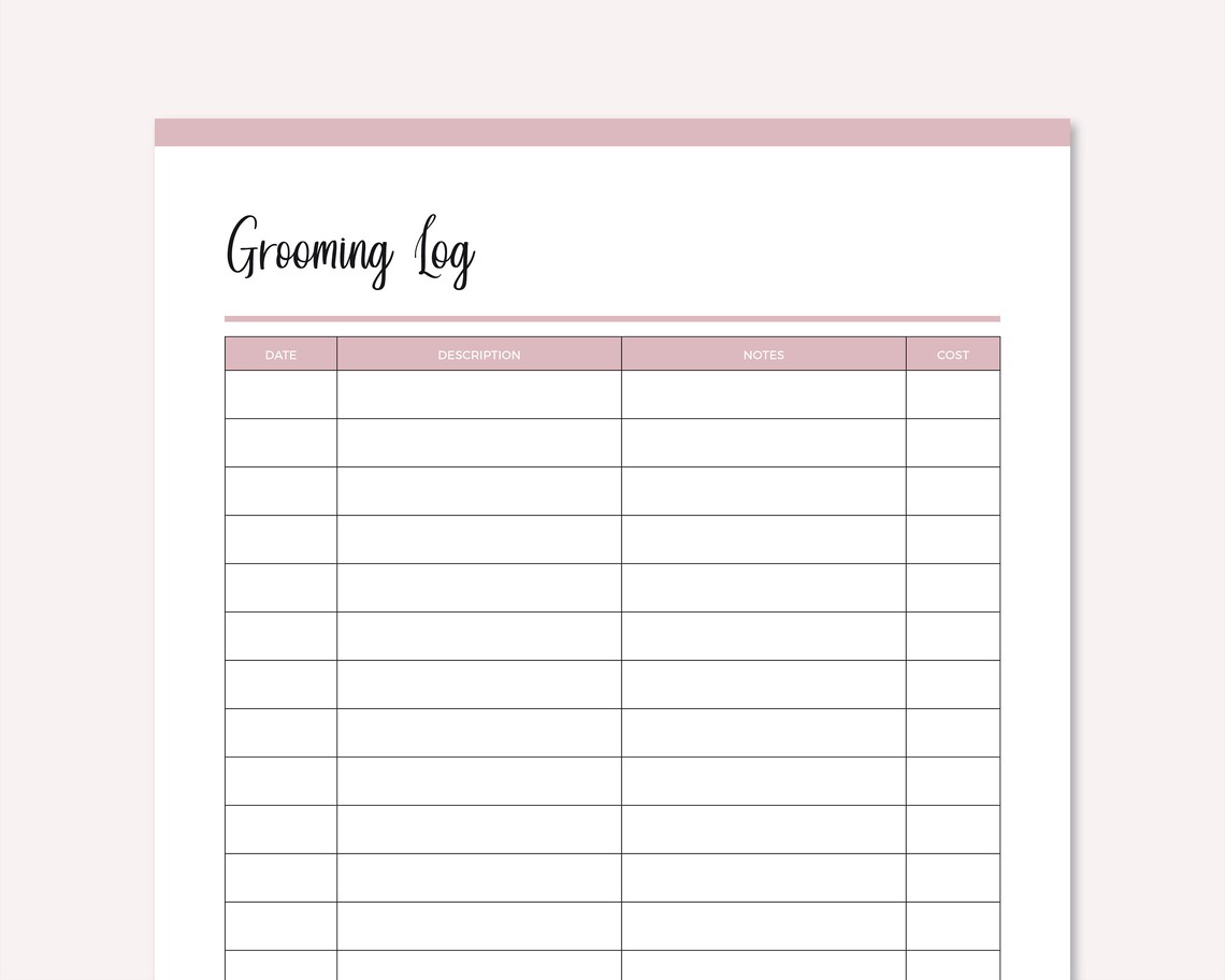 Printable Pet Grooming Tracker, Dog Grooming Log, Cat Care Tracking ...