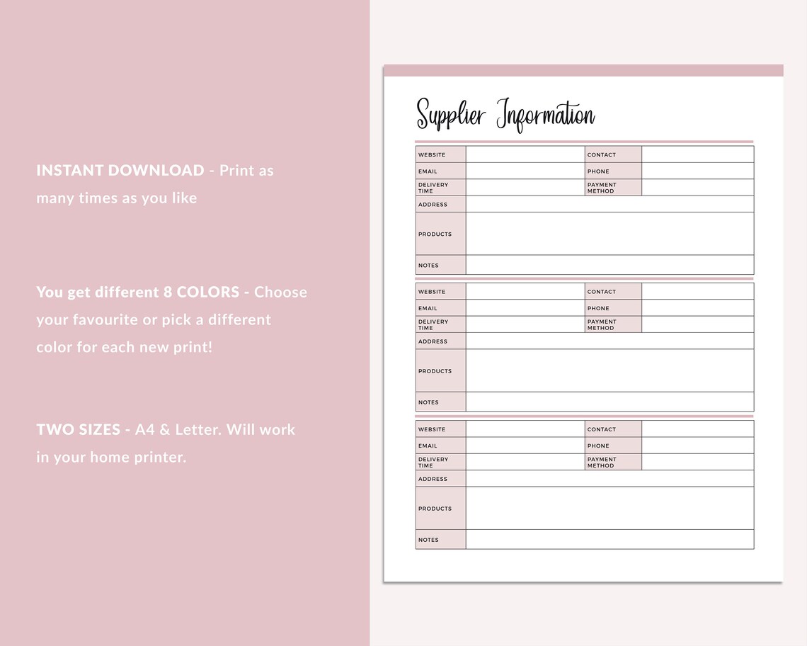 Printable Supplier Information Sheet, Business Supply Tracker, Small ...