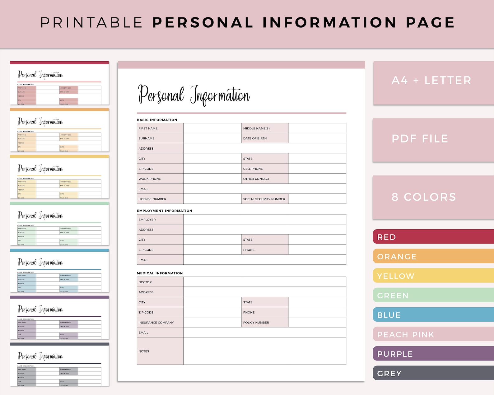 Printable Personal Information Page, Planner Template, Binder Insert ...