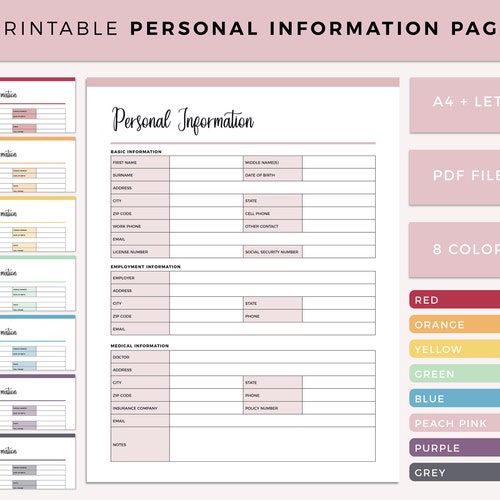 Printable Personal Information Page Planner Template Binder | Etsy