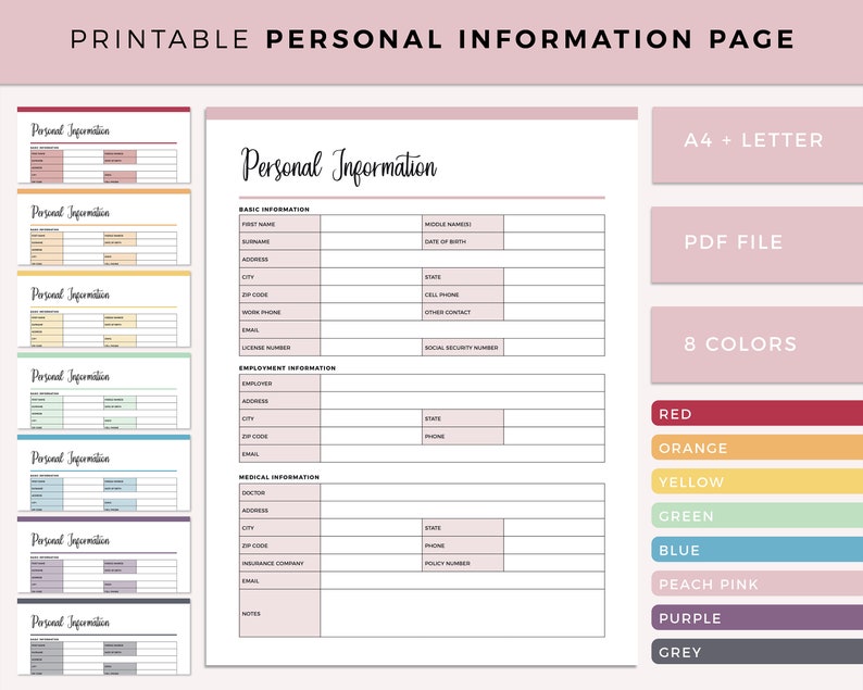 Printable Personal Information Page Planner Template Binder - Etsy
