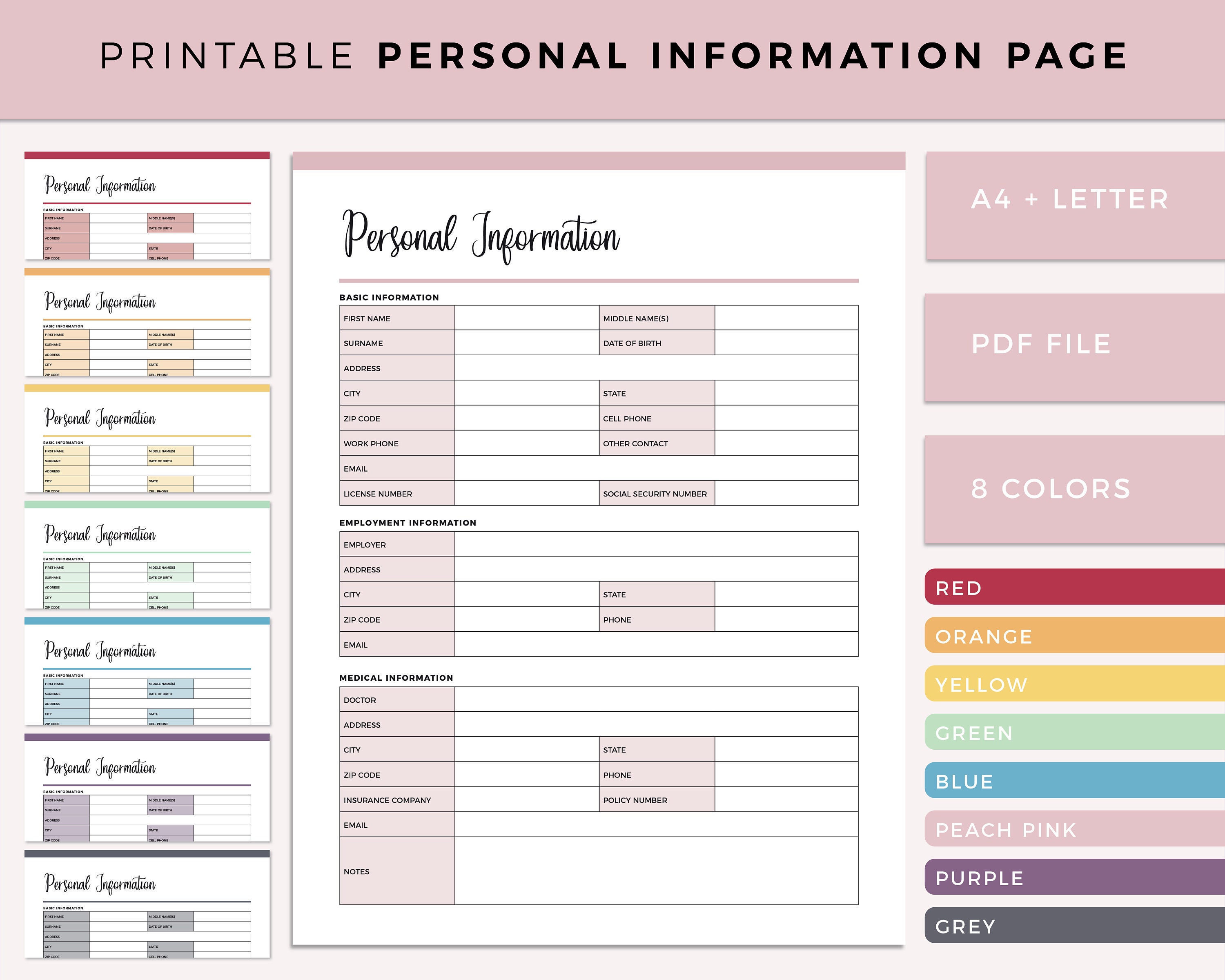 Printable Personal Information Page, Planner Template, Binder Insert ...
