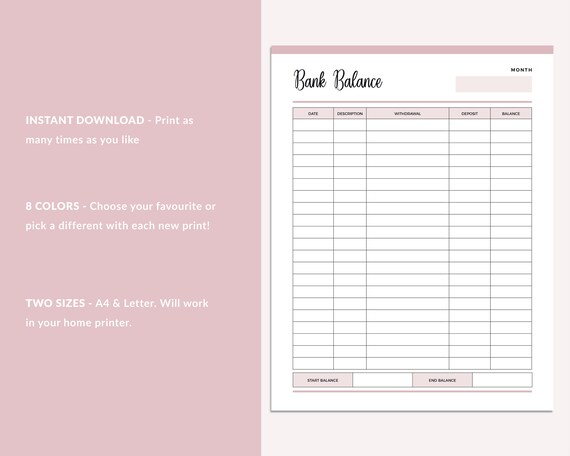 Design & Templates Paper Stationery Printable Bank Balance Log ...