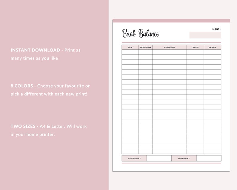 Printable Bank Balance Sheet Savings Tracker Banking Record - Etsy