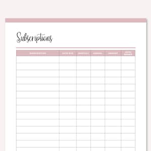 Printable Subscription Tracker, Membership Tracking, Monthly ...