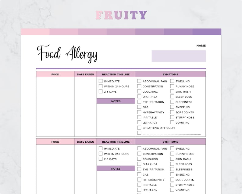 Printable Food Allergy Log - Food and Symptom Diary - Food Allergy ...