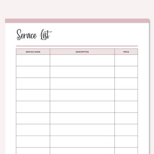 Printable Service Business List of Services, Small Business Planner ...