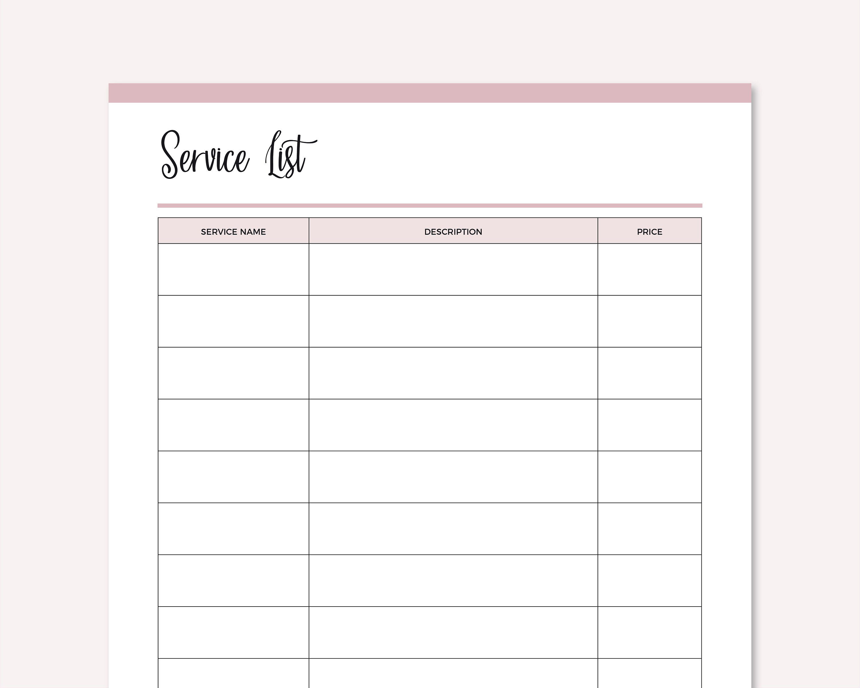 Printable Service Business List of Services, Small Business Planner ...