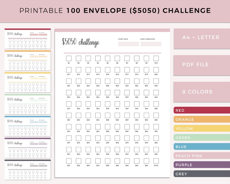 Printable 100 Envelope Challenge 5050 Savings Challenge - Etsy Australia