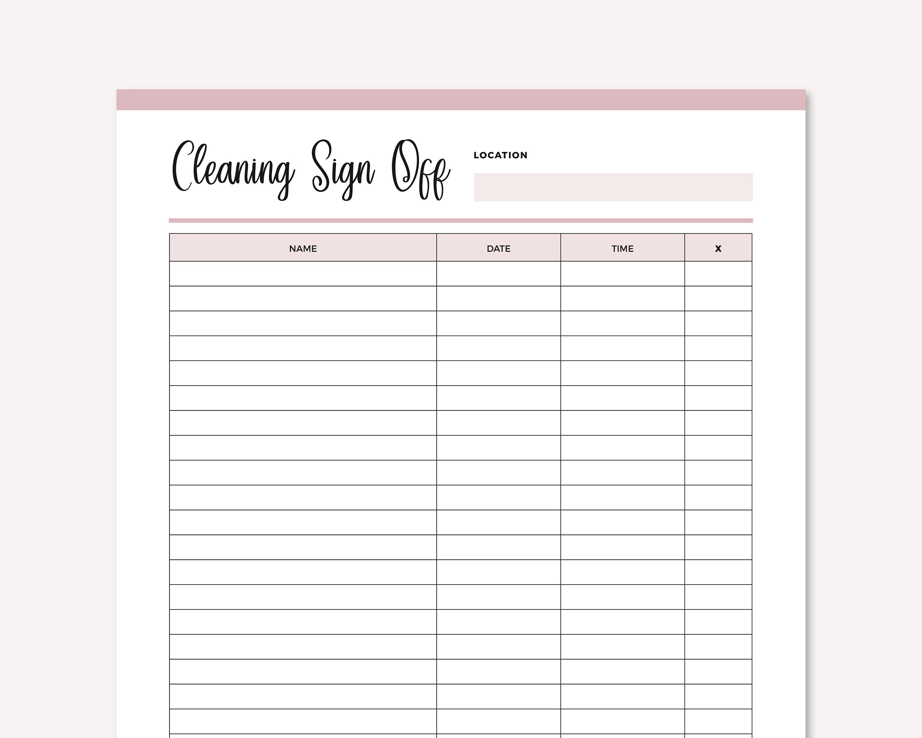 Printable Cleaning Sign-off Sheet, Restroom Cleaning, Bathroom Cleaner ...
