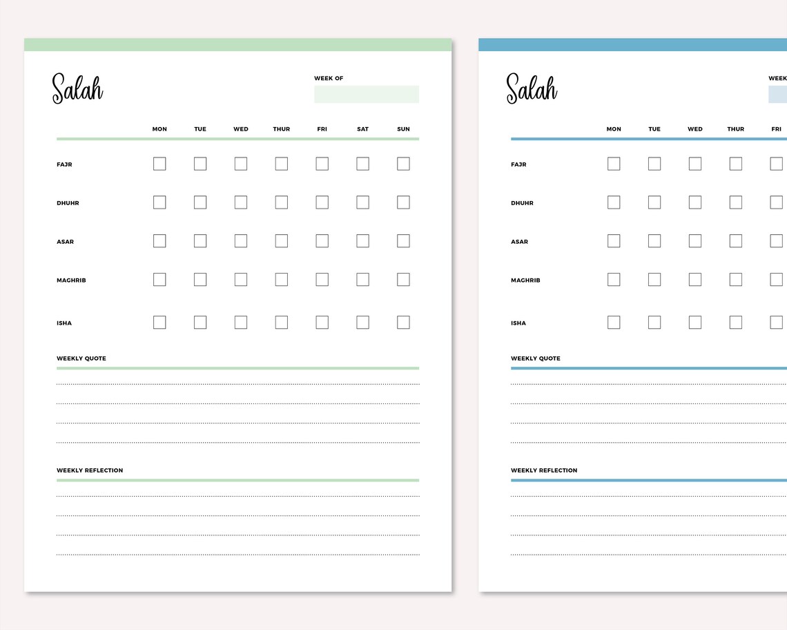 Printable Weekly Salah Tracker Daily Salah Log Islamic - Etsy