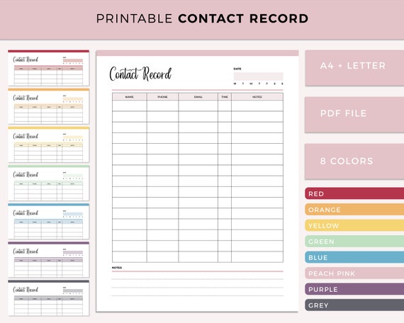 Printable Contact Record Contact Tracker Client Contact - Etsy Australia
