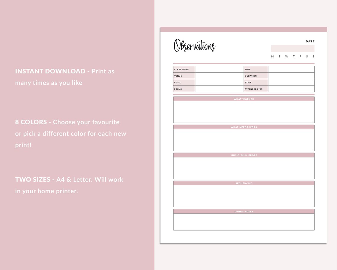 Printable Yoga Class Observations, Yoga Instructor Planner, Pilates ...