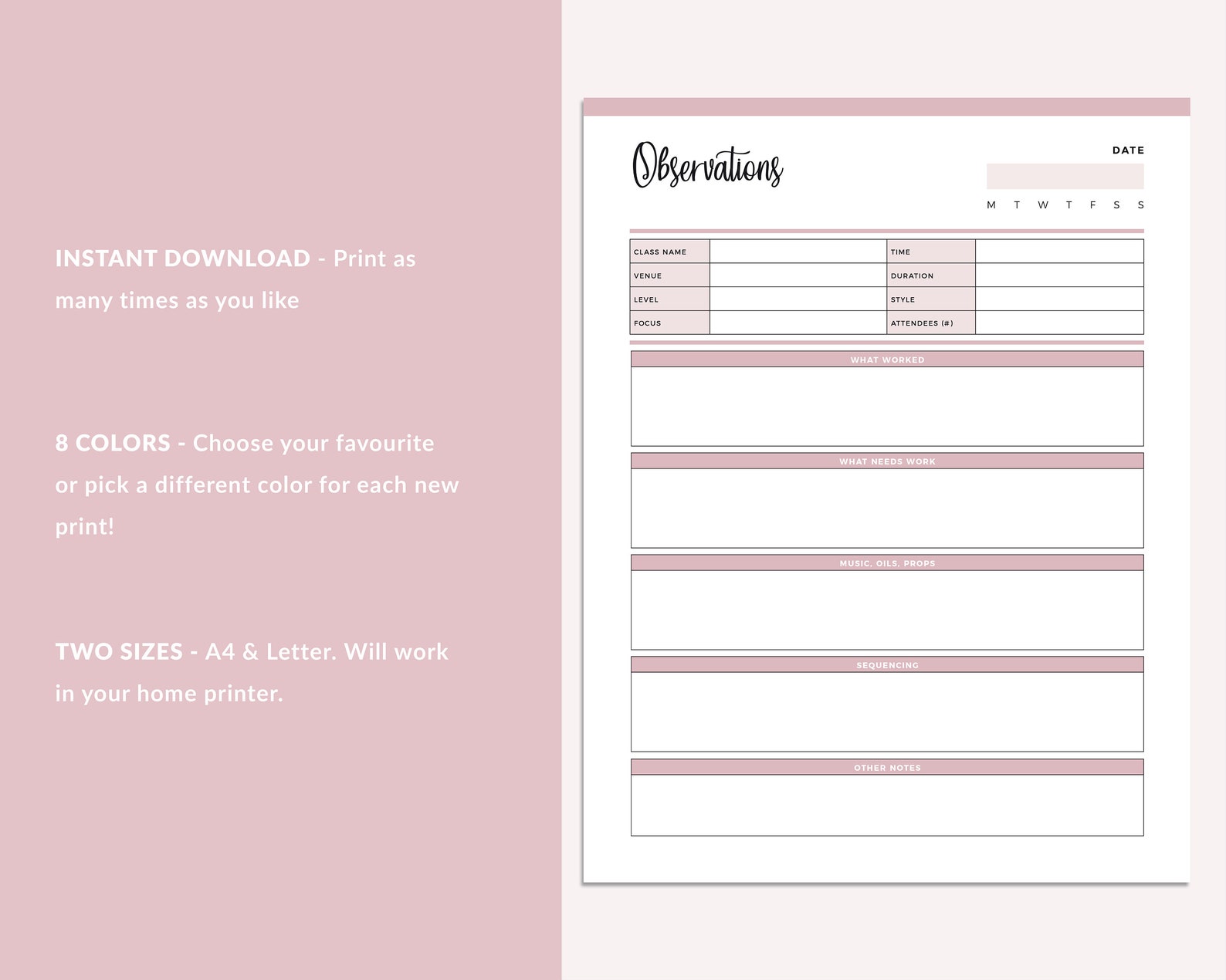 Printable Yoga Class Observations, Yoga Instructor Planner, Pilates ...