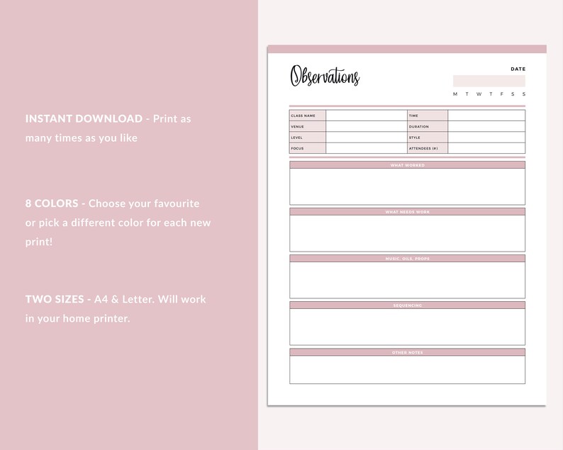 Printable Yoga Class Observations, Yoga Instructor Planner, Pilates ...