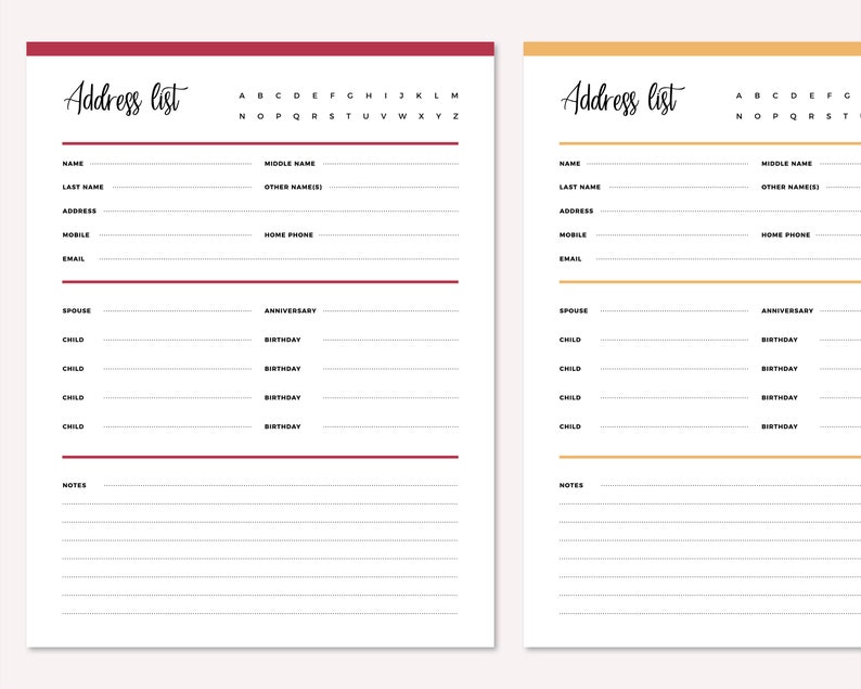 Printable Detailed Address Book, Address List, Contact List, Contact ...