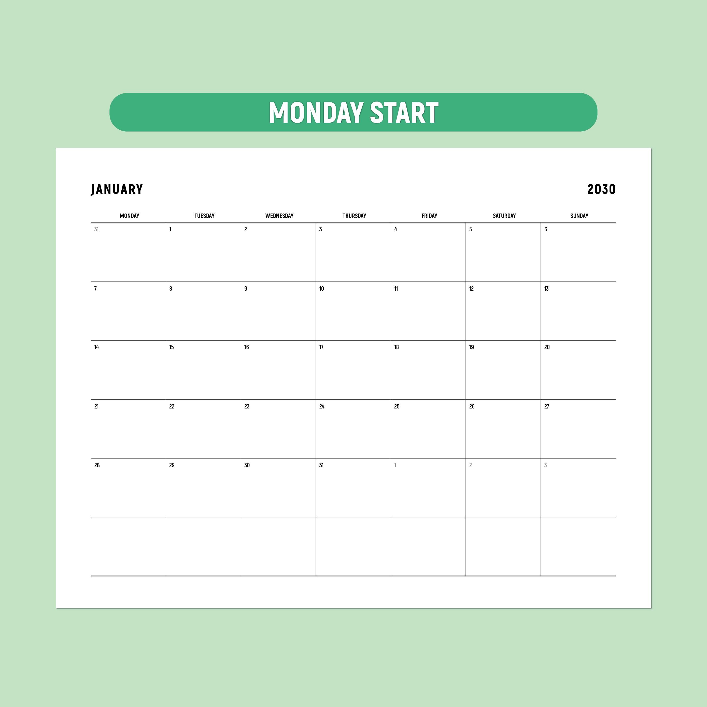 2030 Calendar Printable, 2030 Monthly Calendar, Horizontal Landscape ...