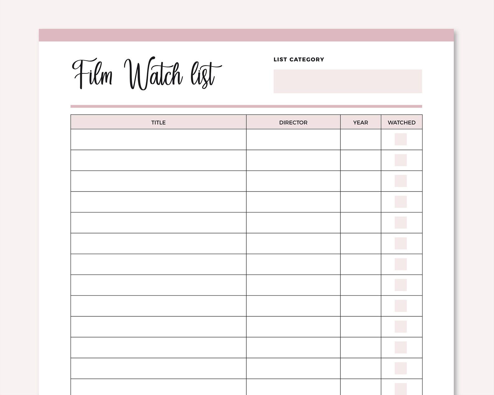 Film Watchlist, Movie Watch Checklist Printable, Movie Journal, Film ...