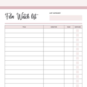 Film Watchlist, Movie Watch Checklist Printable, Movie Journal, Film ...