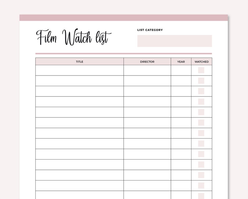 Film Watchlist Movie Watch Checklist Printable Movie | Etsy
