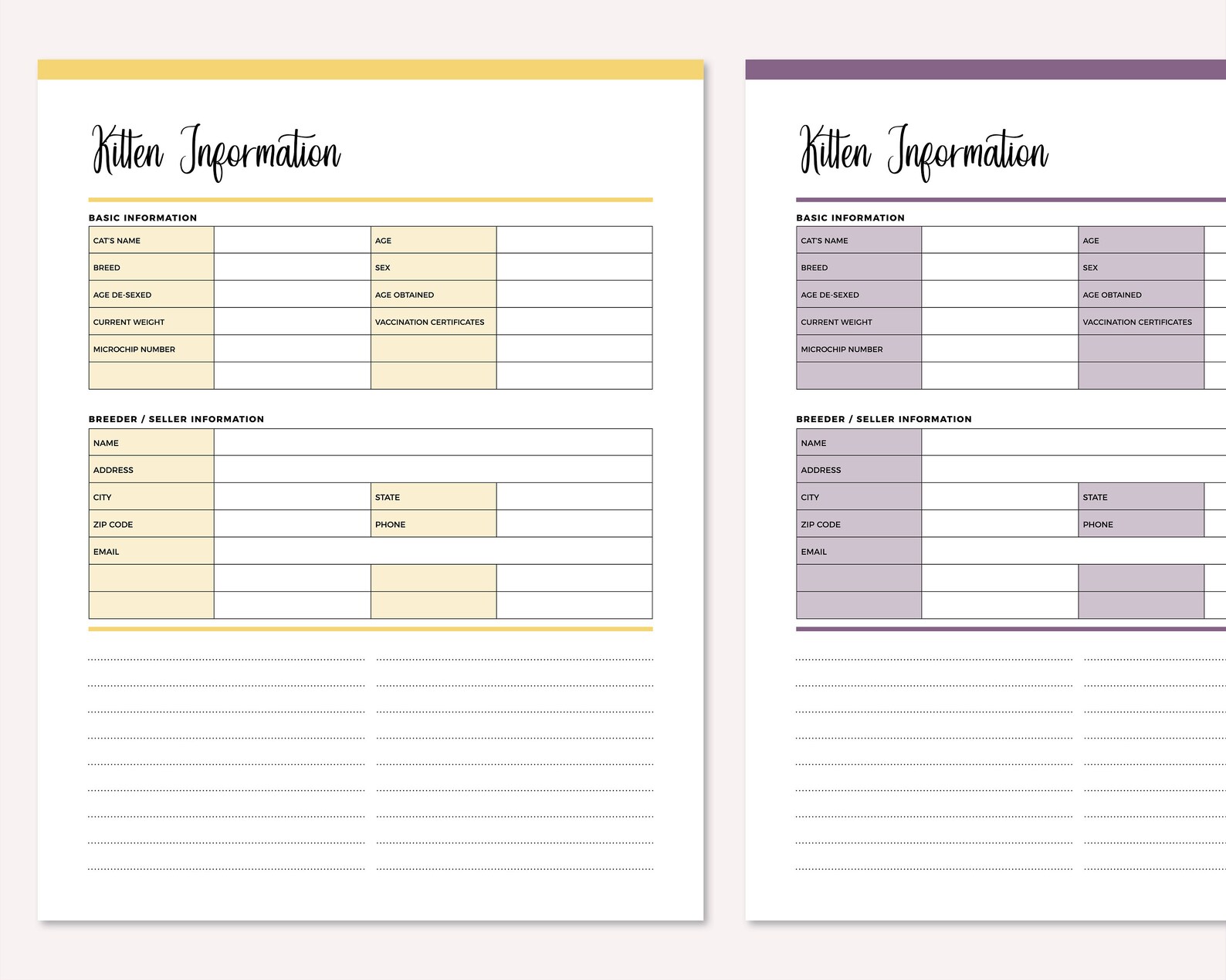 Printable Kitten Information Sheet New Cat Important - Etsy