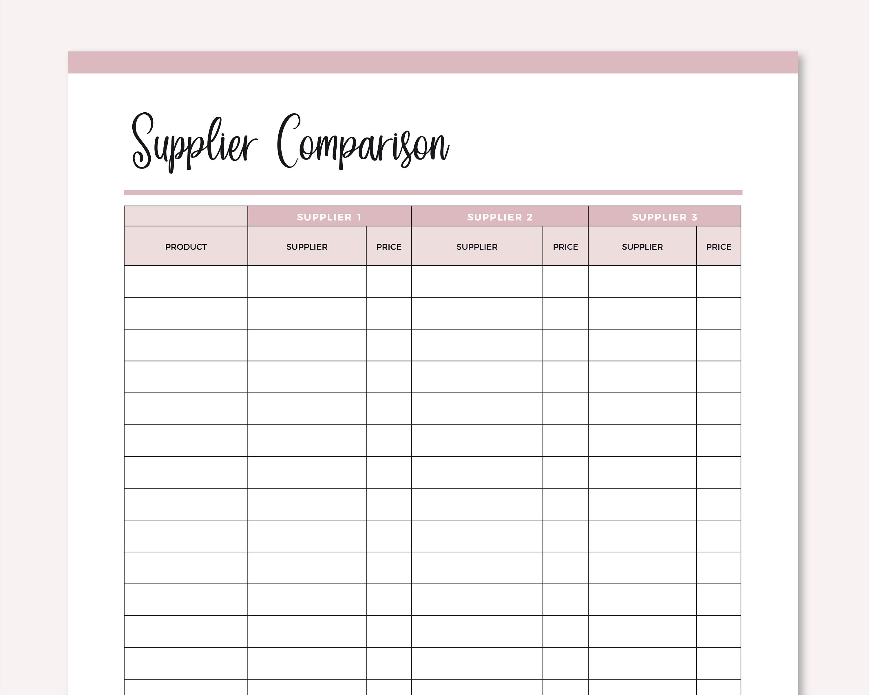 Printable Supplier Information and Comparison Sheet Small | Etsy