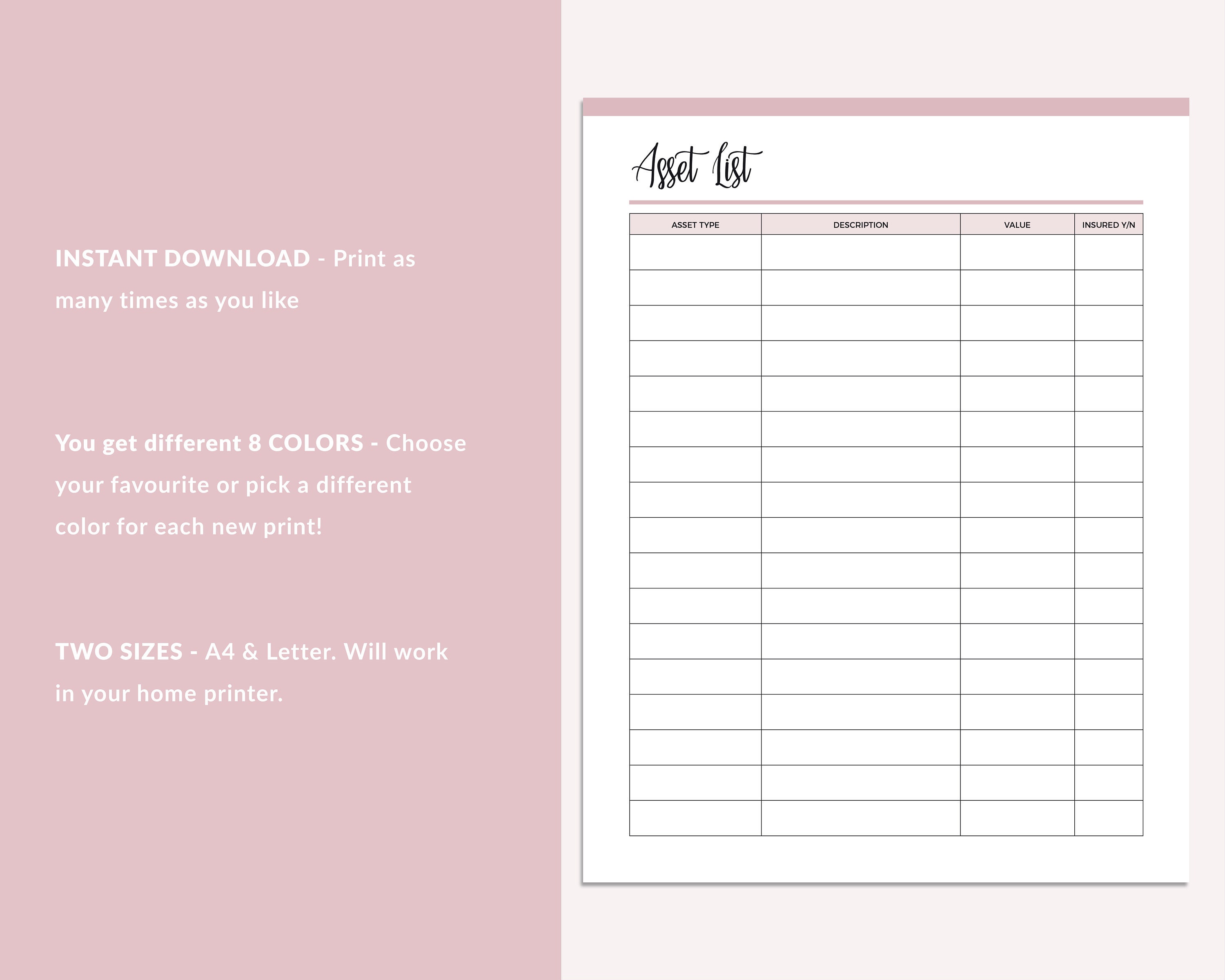 Asset List Printable, Home Inventory Sheet, Expensive Item List ...