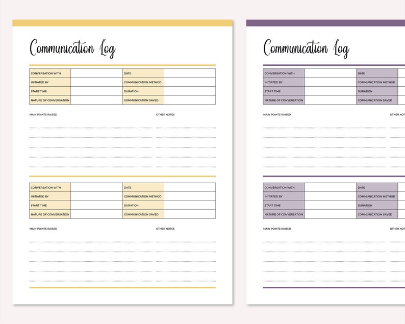 Printable Communication Log, Call Log Template, A4 and Letter Size ...