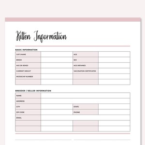 Printable Kitten Information Sheet, New Cat Important Information Page ...