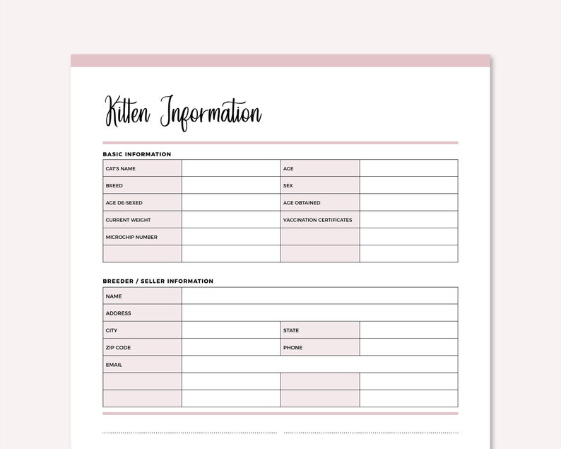 Printable Kitten Information Sheet New Cat Important | Etsy