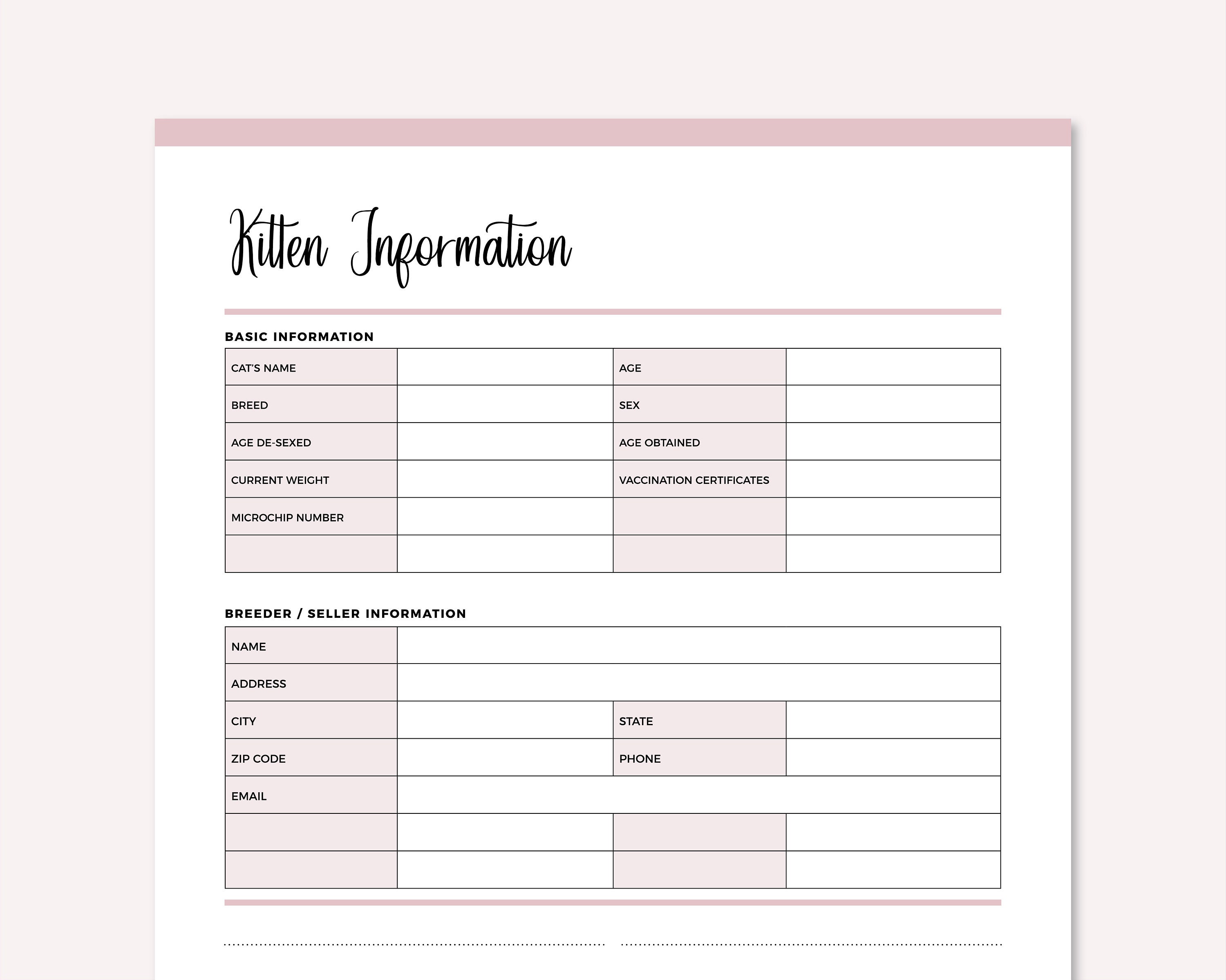Printable Kitten Information Sheet New Cat Important | Etsy UK