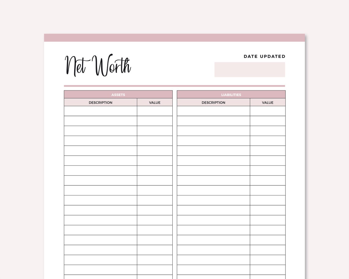 Printable Net Worth Log Print at Home Budget Planning Asset | Etsy