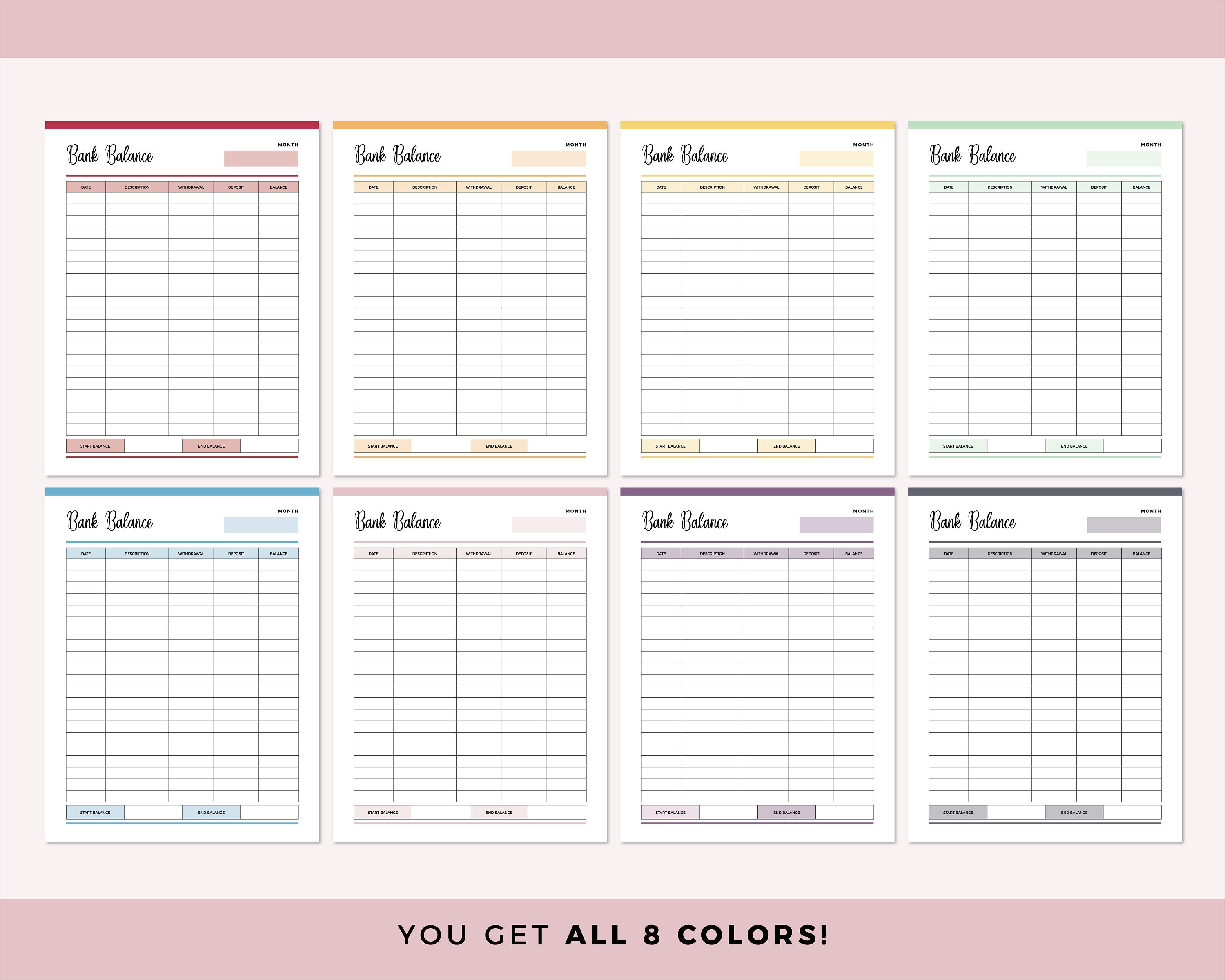 Printable Bank Balance Sheet, Savings Tracker, Banking Record, Finance ...