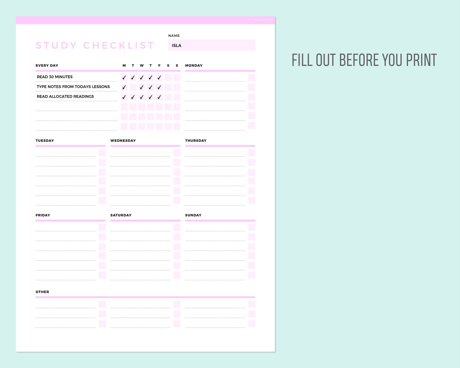 Editable Study Checklist, School Planner, Student Planner, Study Plan ...