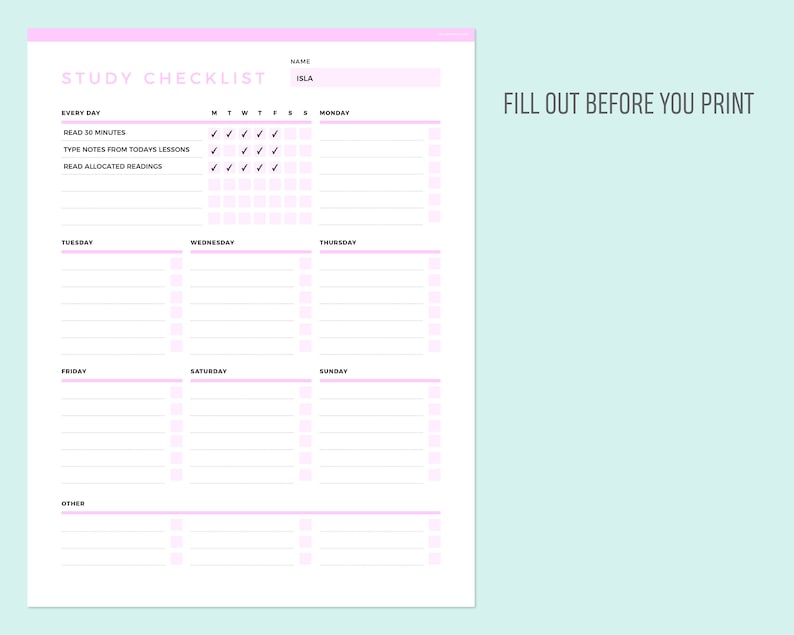 Editable Study Checklist School Planner Student Planner - Etsy